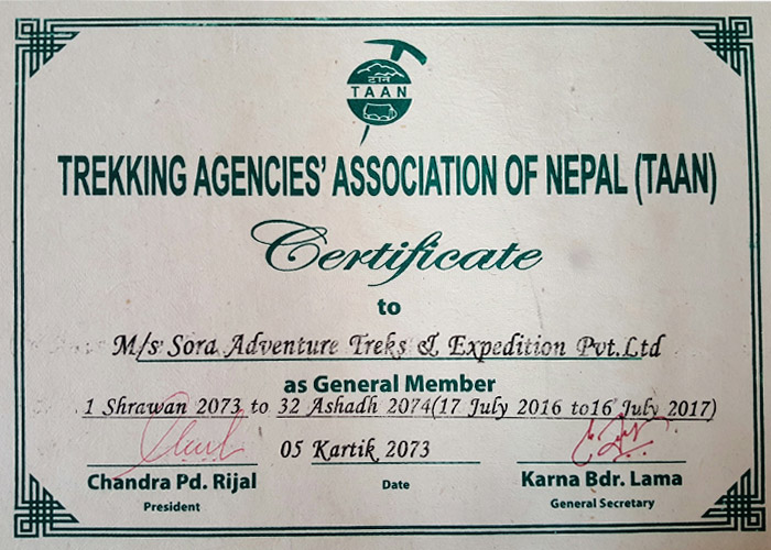 Certificates & Documents - Sora Treks and Expedition