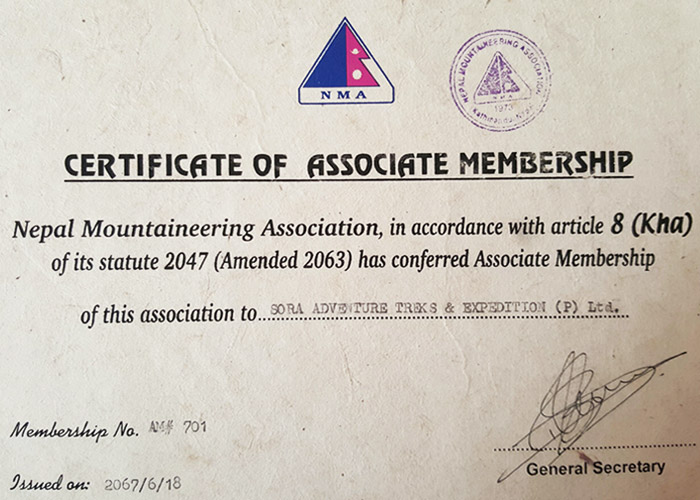 Certificates & Documents - Sora Treks and Expedition